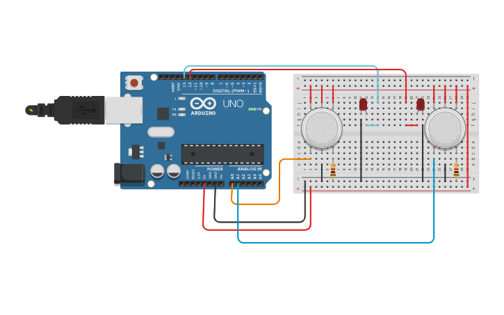 Circuit design Connecting two Gas Sensors To Arduino uno R3 and Output - Tinkercad