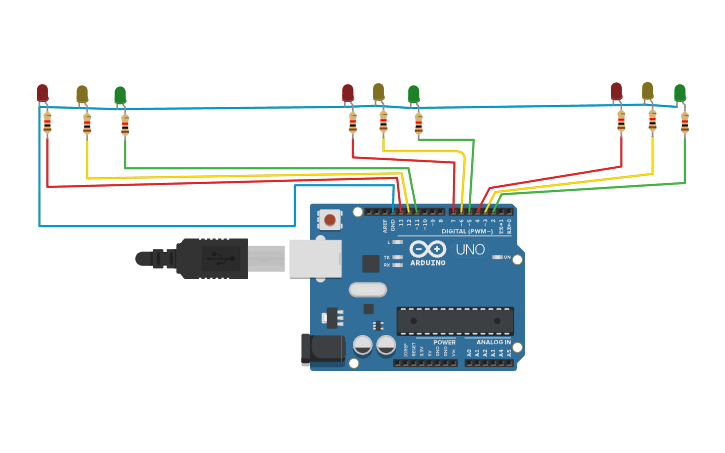 Circuit design T-Junction Traffic Signal - Tinkercad