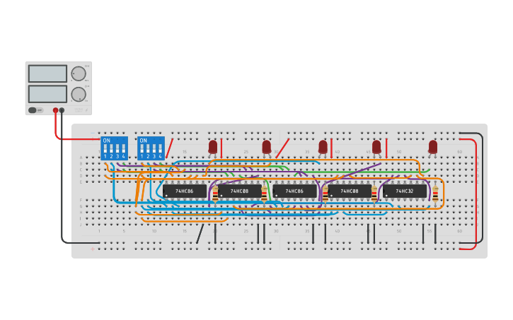 Circuit design 4 bit binary numbers adder - Tinkercad
