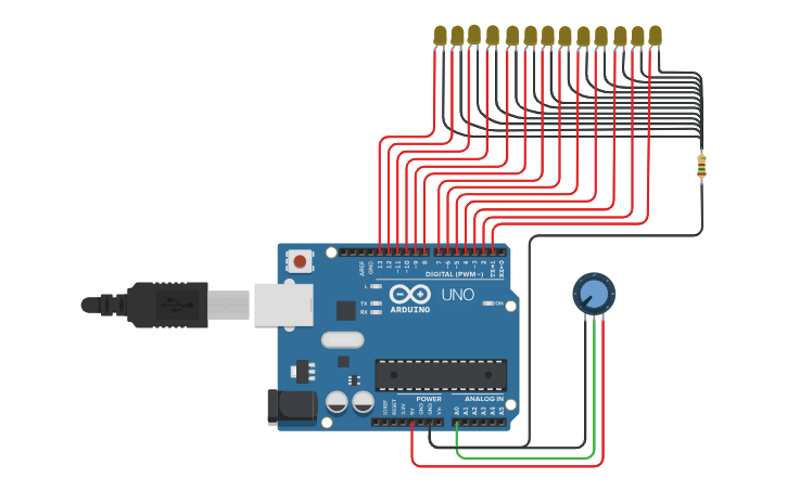 Circuit design Arduino with Potentiometer Control 13 LEDs - Tinkercad