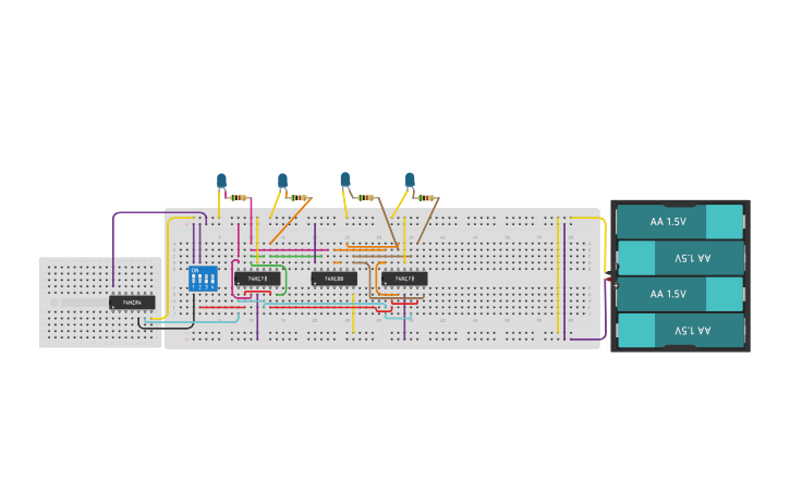 Circuit design 4-bit binary synchronous up-counter using T Flip Flop - Tinkercad