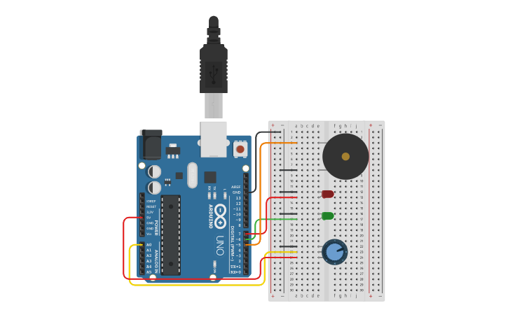 Circuit design Arduino-Basic-Project-7(LED and Buzzer Control Using POT ) - Tinkercad