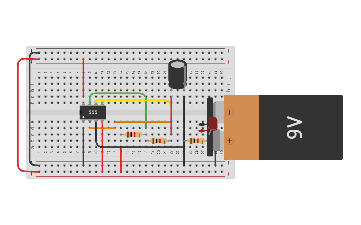Circuit design 555 Timer on Breadboard - Tinkercad