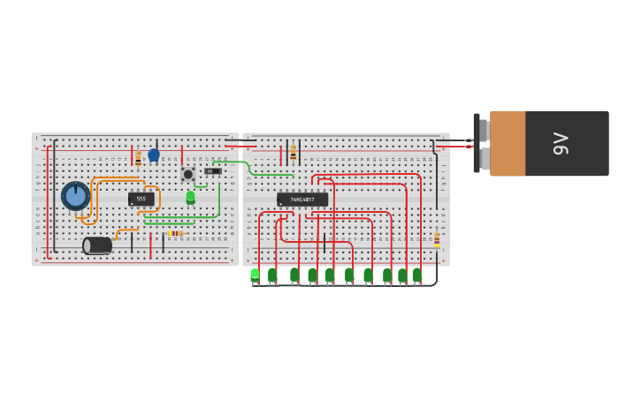 Circuit design CD4017 Decade Counter and 555 - Tinkercad