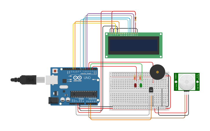 Circuit design Tugas 2 Sensor Suhu dan Sensor Gerak - Tinkercad