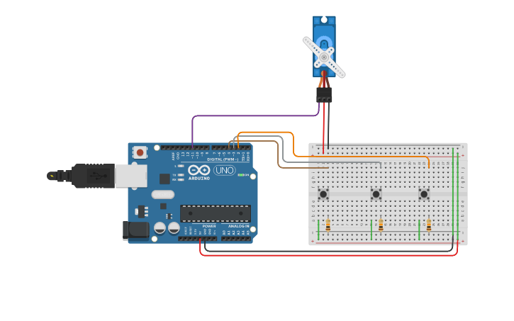 Circuit design 3 servos with buttons - Tinkercad