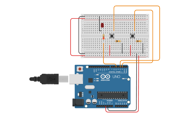 Circuit design encendido y apagado de un led con dos pusadores - Tinkercad