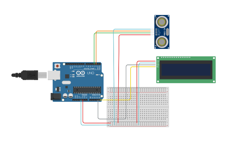 Circuit design Ultrasonic Sensor - I2C LCD - Tinkercad