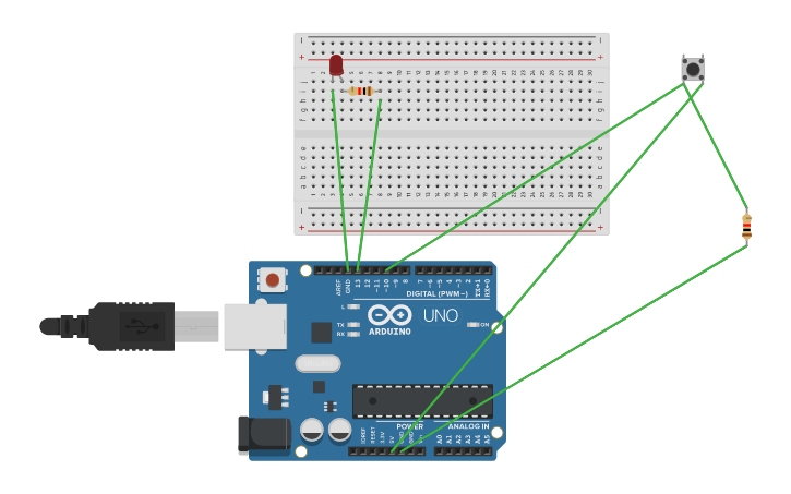 Circuit design LED push button - Tinkercad