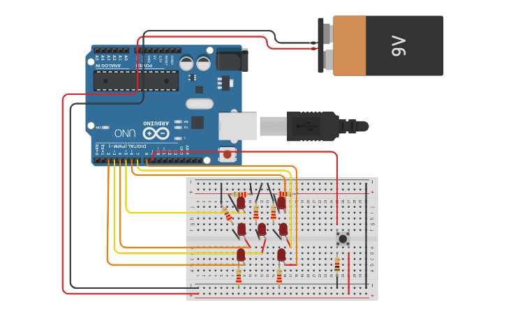 Circuit design Electric Dice using LEDs - Tinkercad