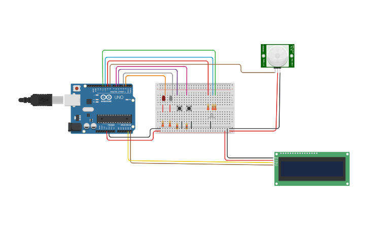 Circuit design Sistema detección de intrusos mediante sensores y pantalla LCD - Tinkercad