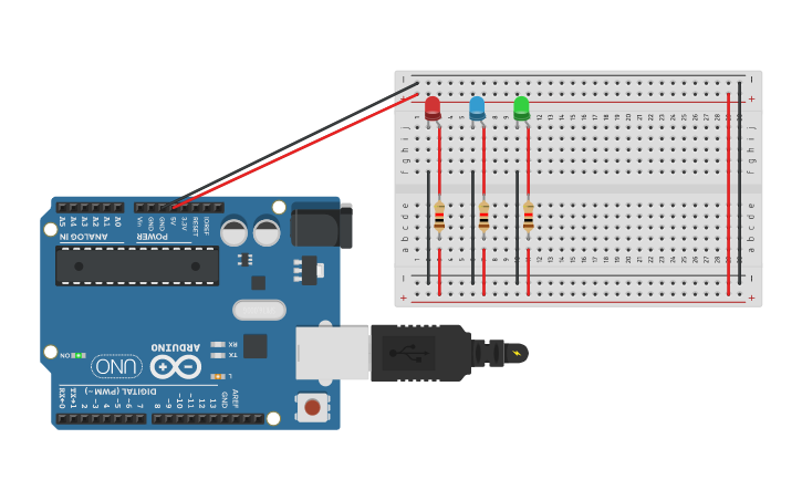 Circuit design 3 LEDs with Breadboard using Arduino - Tinkercad