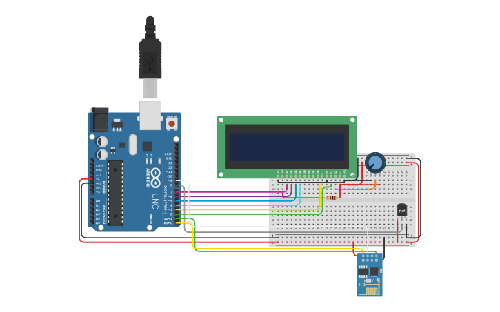 Circuit design Arduino Uno + DHT11 + HC-05 + Display16x2 - Tinkercad