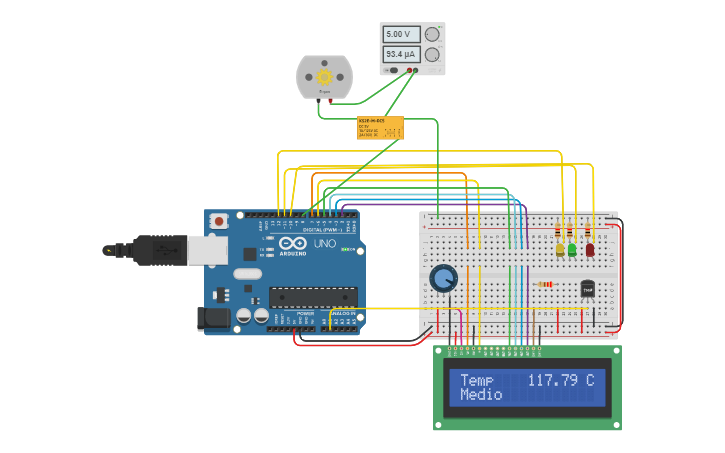 Circuit design Rango Temp LCD relee - Tinkercad