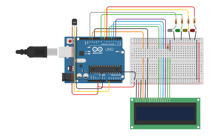 Circuit Design Sensor De Temperatura Con Lcd Y Leds Tinkercad