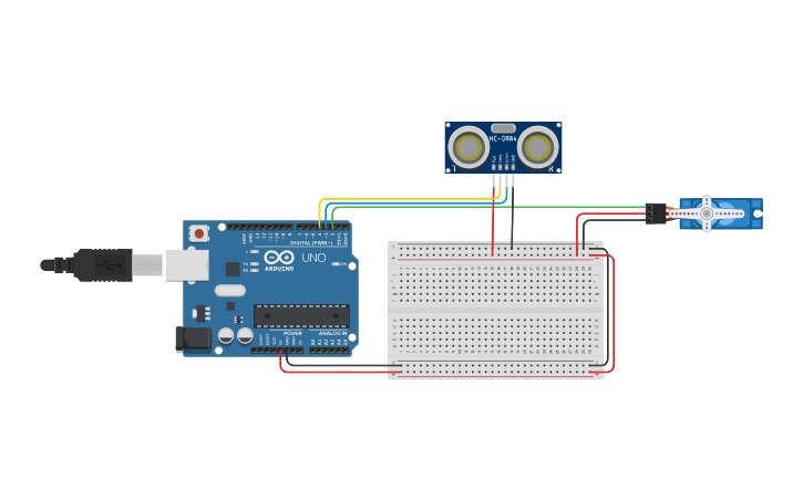 Circuit design Ultrasonic dan Servo - Tinkercad