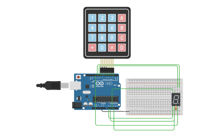 Circuit design KEYPAD, 7-SEGMENT - Tinkercad