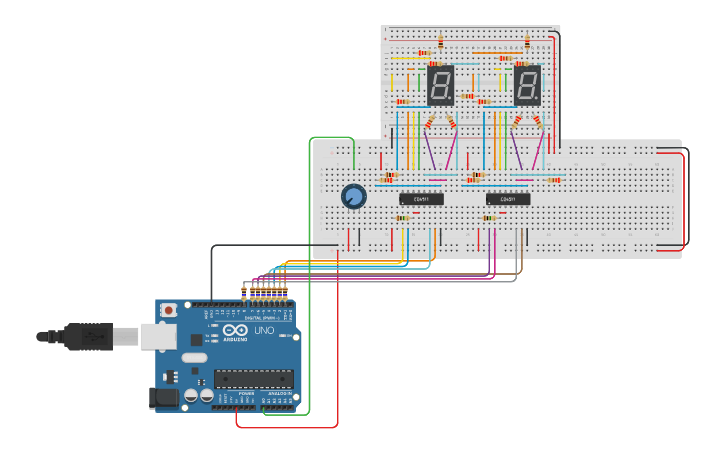 Circuit design 2 Digit 7 Segment Display Counter - Tinkercad