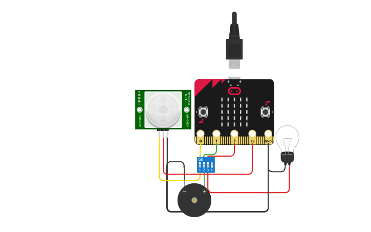 Circuit design motion sensor with light, buzzer and switch - Tinkercad