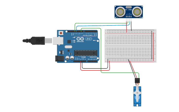 Circuit design Projeto Arduino com Servo Motor e Sensor de Distância - Tinkercad