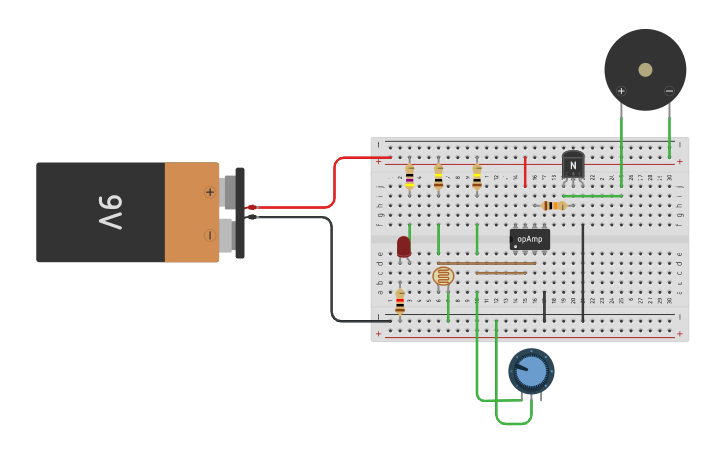 Circuit design Op amp alarm ldr - Tinkercad