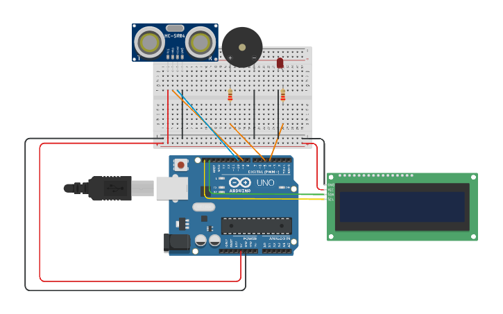 Circuit design Distance Measurement with Ultrasonic, Buzzer, LED and LCD - Tinkercad