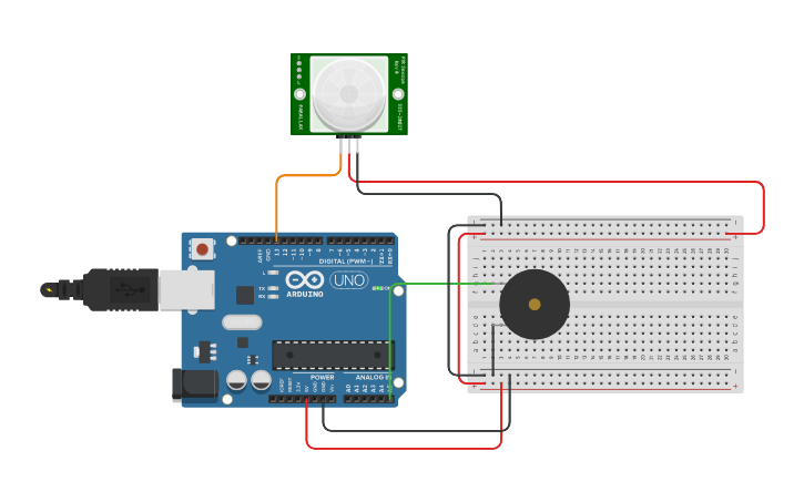 Circuit design Sensor PIR con Buzzer - Tinkercad