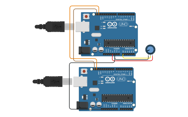 Circuit design 2 arduinos I2C communication - Tinkercad