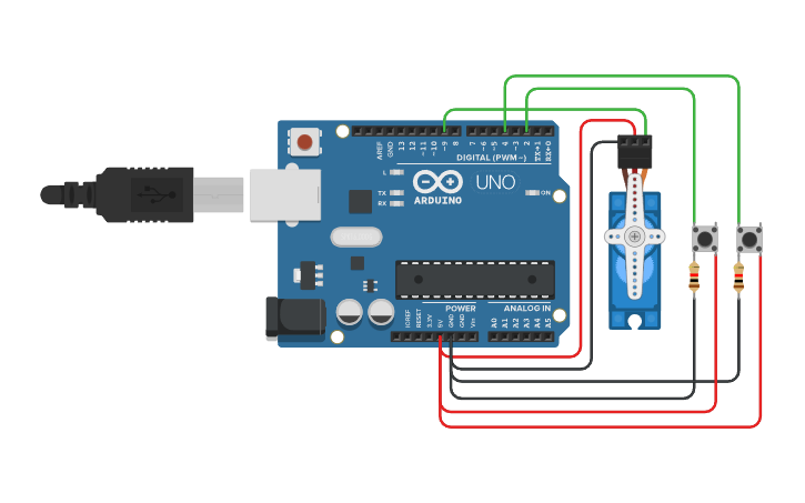 Circuit design 4. Servo Motor con dos botones - Tinkercad