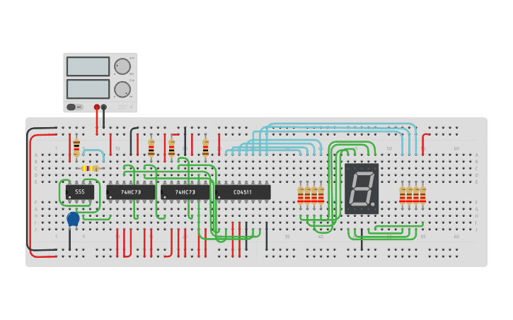 Circuit design 0 to 9 up counter - Tinkercad