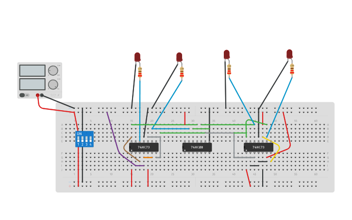 Circuit design 4 Bit Binary synchronous counter - Tinkercad