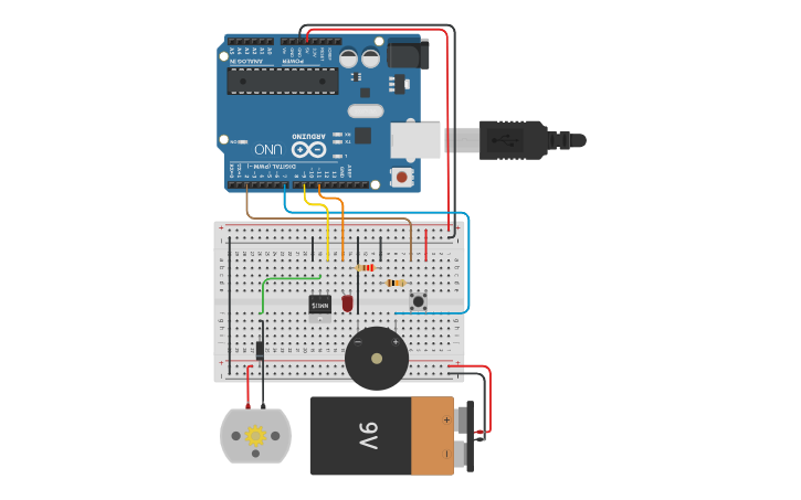 Circuit design Basic Circuit with DC Motor, LED, and Buzzer - Tinkercad