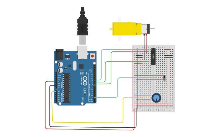 Circuit design Task- control gear motor direction in fan-like rotation - Tinkercad