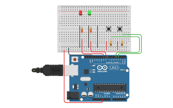 Circuit design led butoon -Two button with Switch ON/OFF - Tinkercad