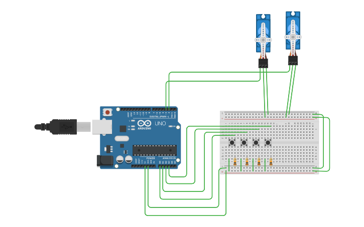Circuit design servo controlled with push button - Tinkercad