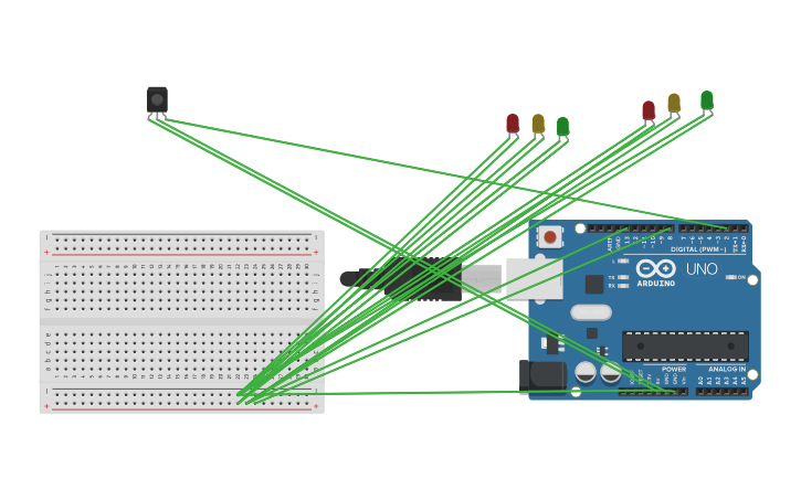 Circuit design 6 blinking led's with ir sensor - Tinkercad
