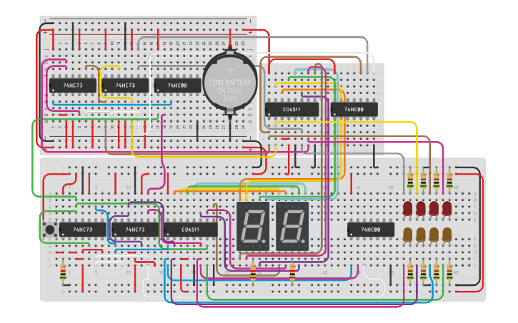 Circuit design Flip-Flop JK Counter 8 Bits ( 2 digits ) - Tinkercad