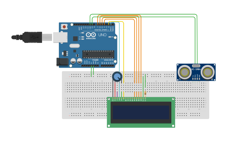 Circuit design Ultrasonic sensor + LCD - Tinkercad