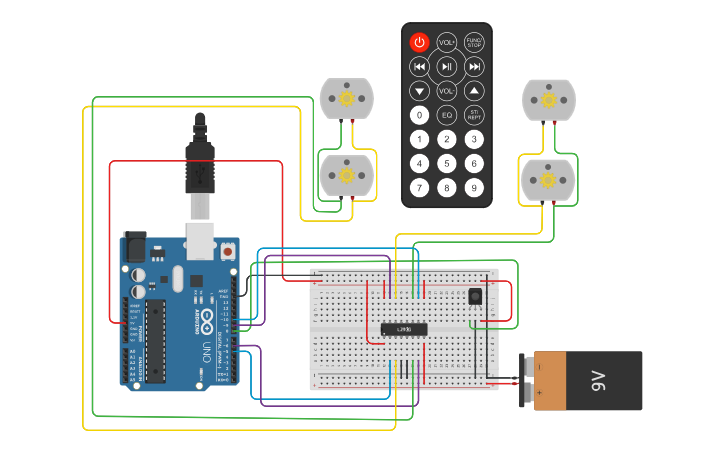 Circuit design RC CAR USING IR SENSOR - Tinkercad