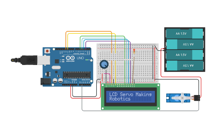 Circuit design LCD 16x2 y servo motor arduino Fuente Externa - Tinkercad