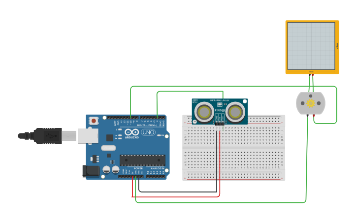 Circuit design Adaptive Cruise Control using PWM generation (Ultrasonic sensors) - Tinkercad