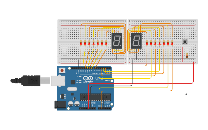 Circuit design Doppio Display a 7 segmenti con pulsante - Tinkercad