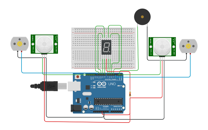 Circuit design Bidirectional visitor counter using PIR sensor - Tinkercad