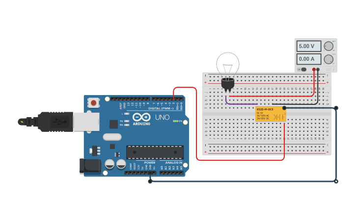 Circuit design Control light bulb with DPDT Relay - Tinkercad