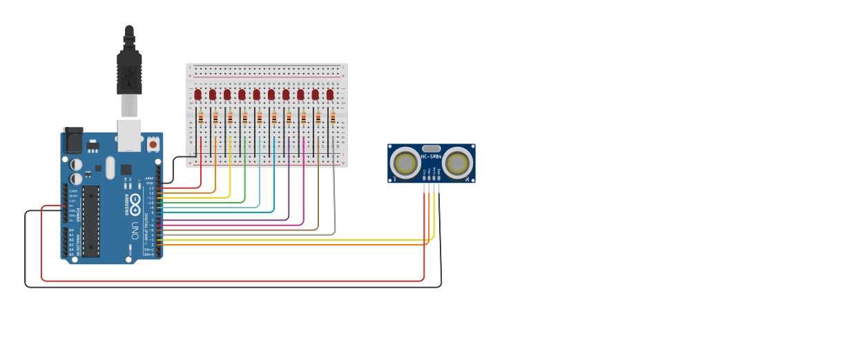 Circuit design water level indicator ultrasonic sensor and led - Tinkercad