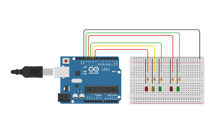 Circuit design Projeto 3 - Semáforo - Curso Arduino IFSP-BRA - Tinkercad