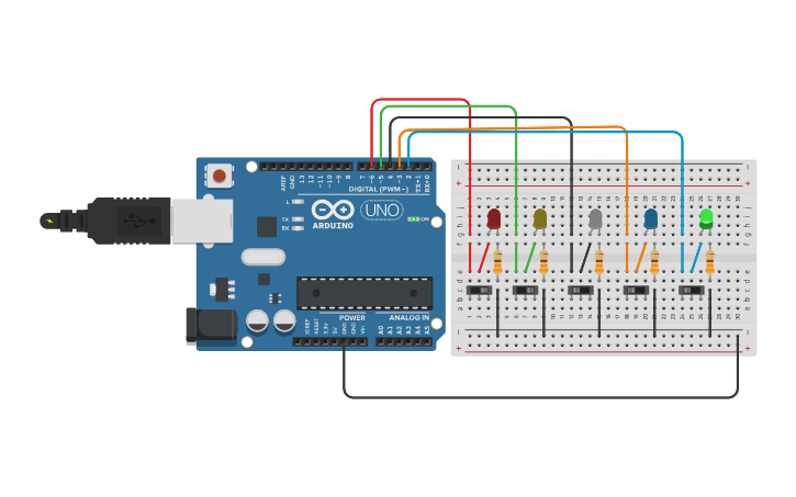 Circuit design Encendido de 5 led con Arduino (Interruptor) - Tinkercad
