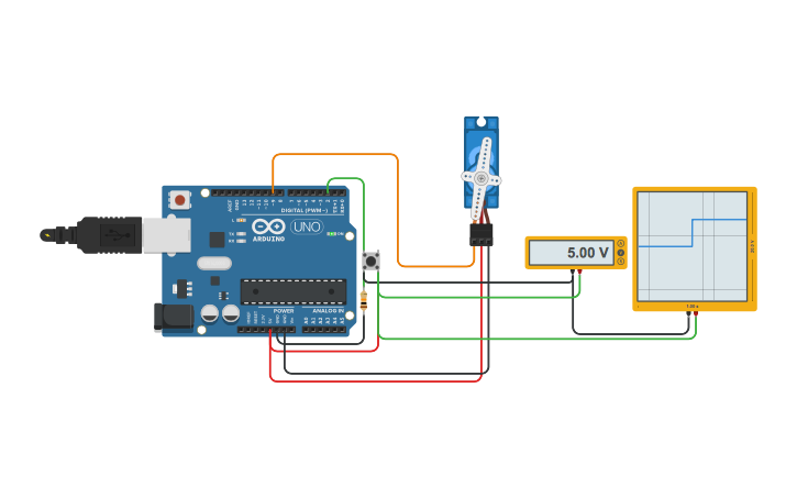 Circuit design Montage 3 : Bouton poussoir et servomoteur - Tinkercad