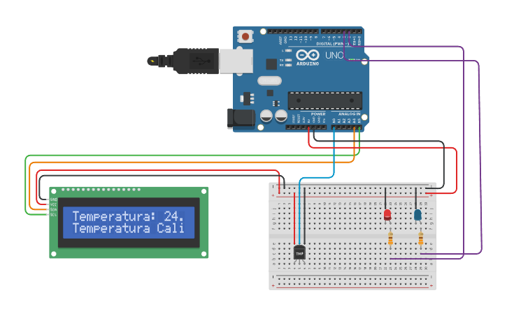Circuit design Arduino Uno, Sensor de temperatura y Pantalla LCD - Tinkercad