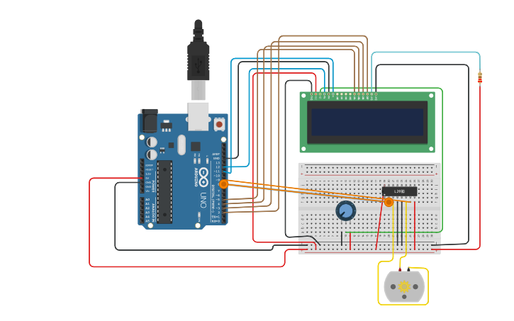 Circuit design Dc motor using PWM and LCD - Tinkercad